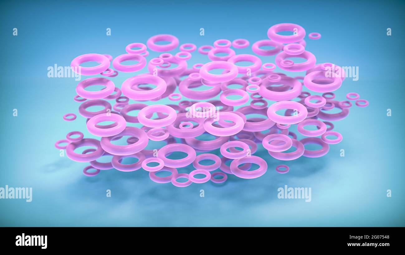3D rendering of circle-shaped objects of different sizes flying around ...