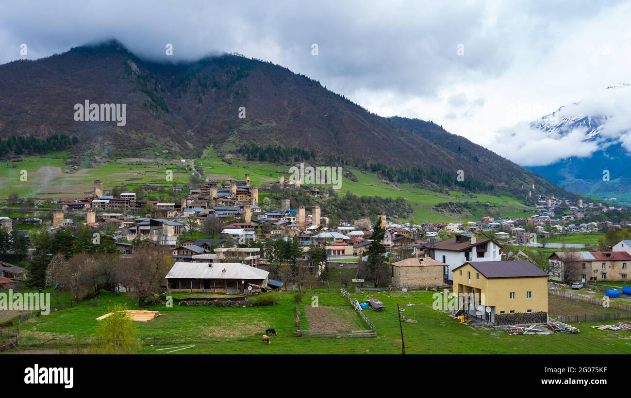 Towers of Mestia village in Svaneti area Caucasus mountains in Georgia ...