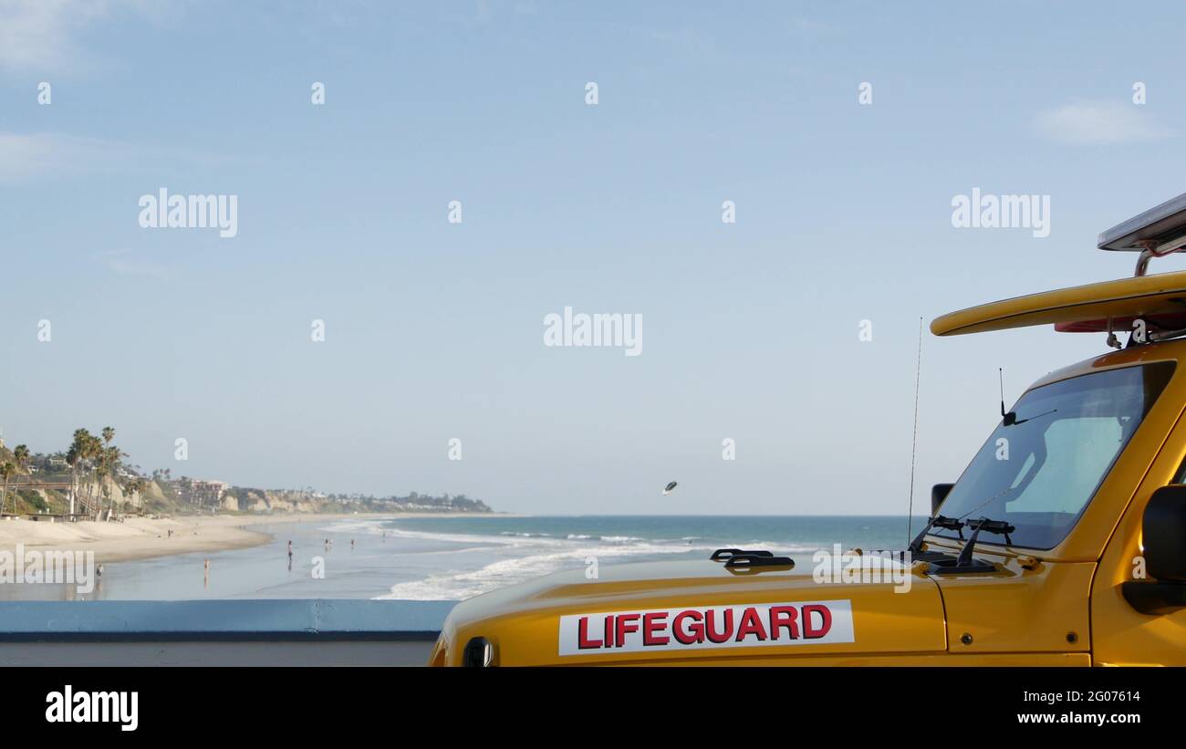 Yellow lifeguard car, San Clemente beach pier, California USA ...