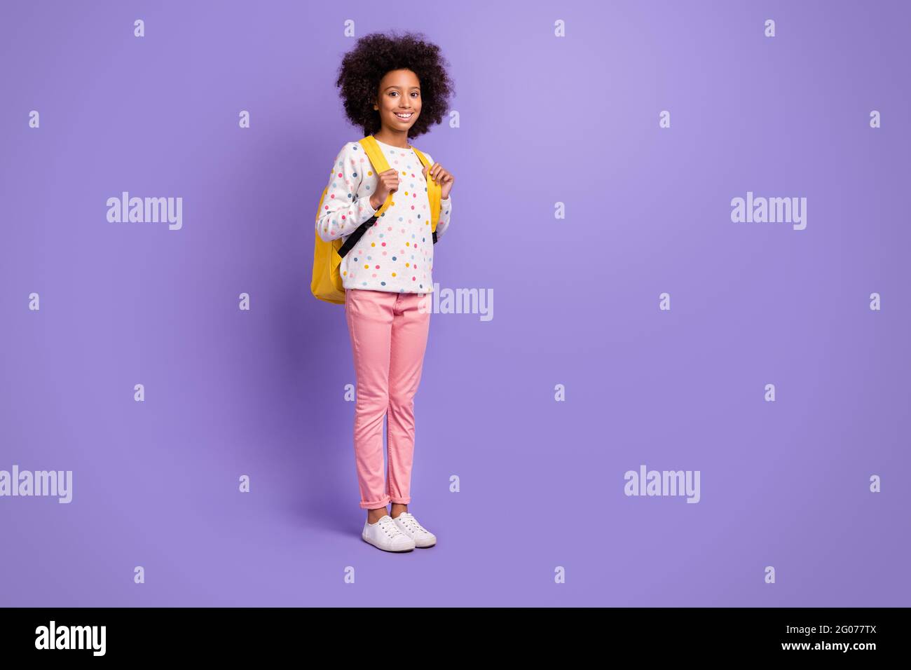 Full body photo of brunette stylish dark skin girl wear backpack school ...