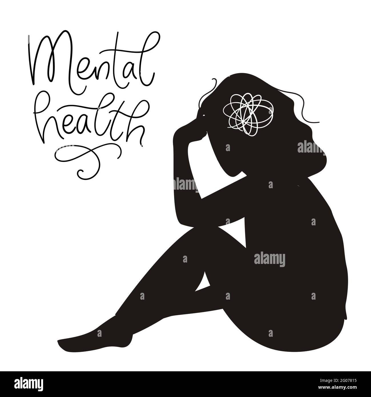 Mental health concept. Sad womans silhouette with depression sitting on ...