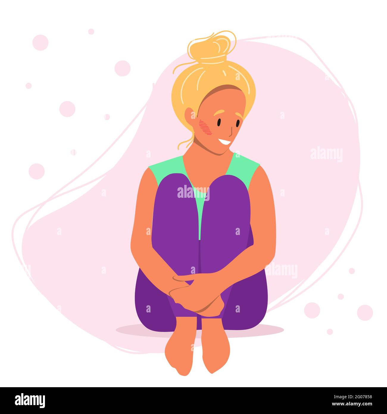 Happy woman sits on the floor. Body positive and health care concept ...
