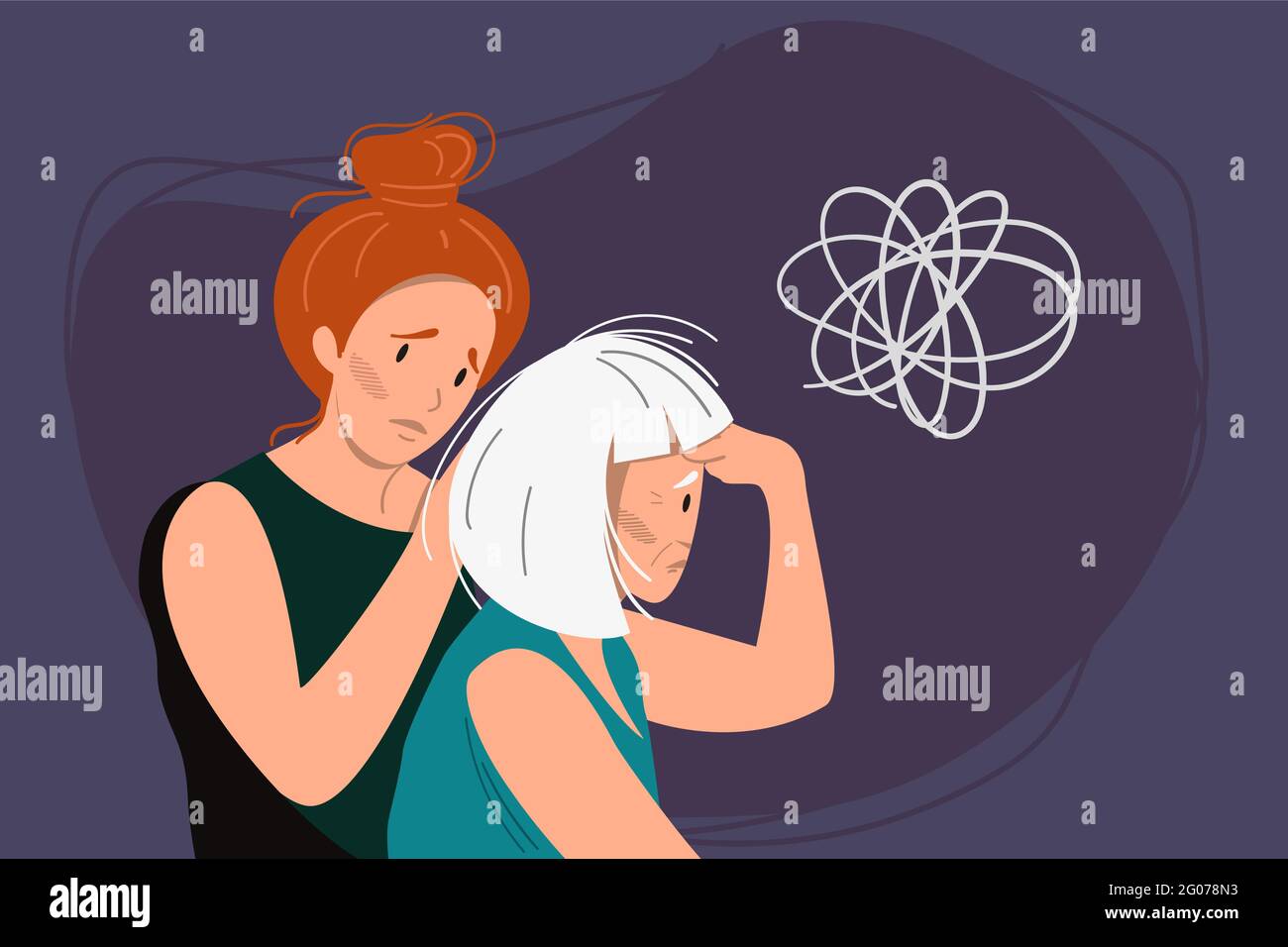 Young woman helps eldery gray-haired woman with dementia and bewildered ...