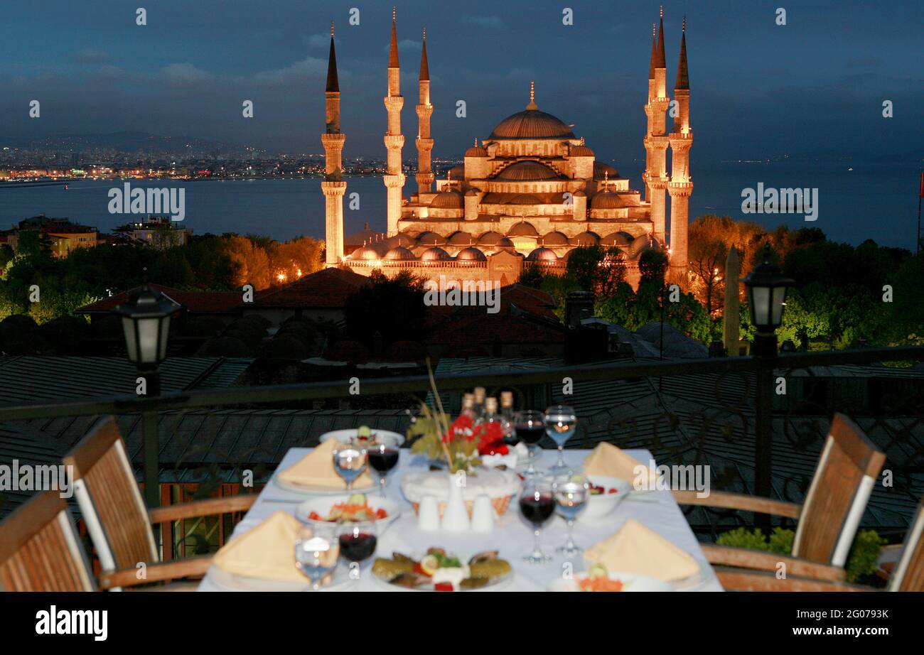 View over the illuminated opposite Blue Mosque from a panoramic ...