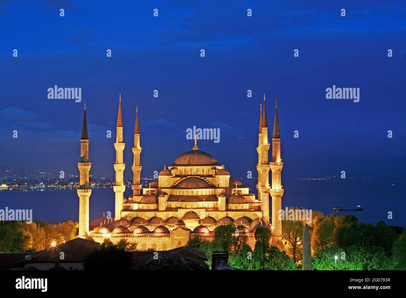 View over the illuminated opposite Blue Mosque from a panoramic ...