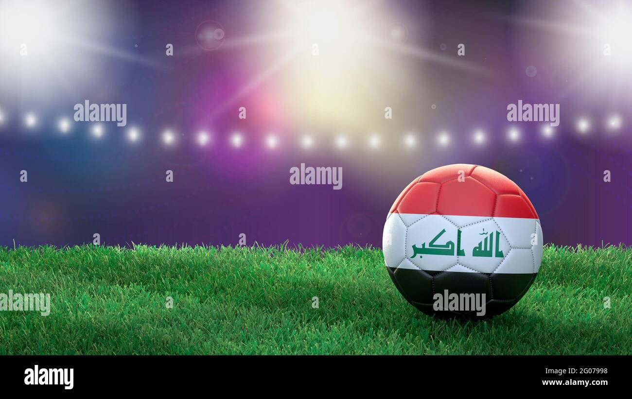 Soccer ball in flag colors on a bright blurred stadium background. Iraq ...