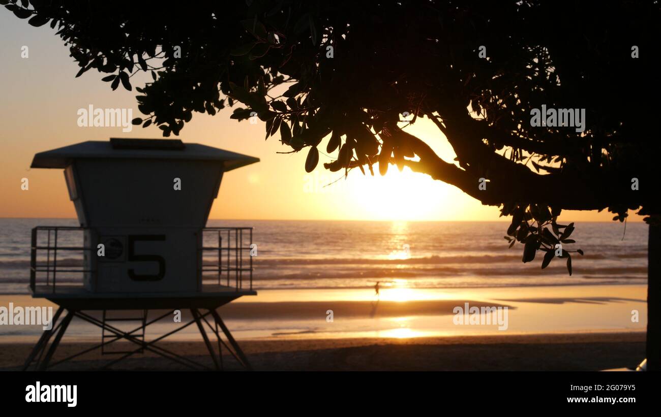 Lifeguard watch tower, sunny sunset beach, Oceanside USA. Rescue ...