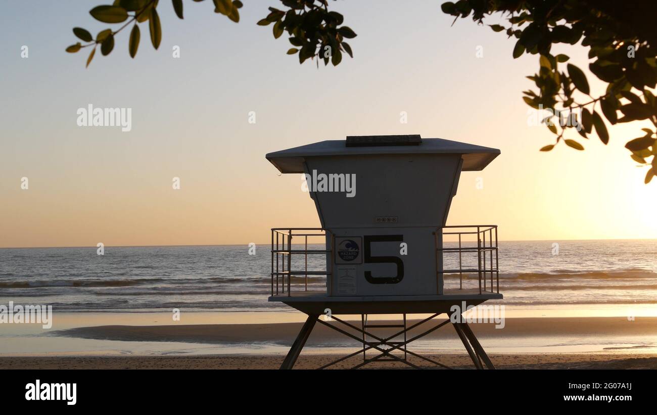Lifeguard watch tower, sunny sunset beach, Oceanside USA. Rescue ...