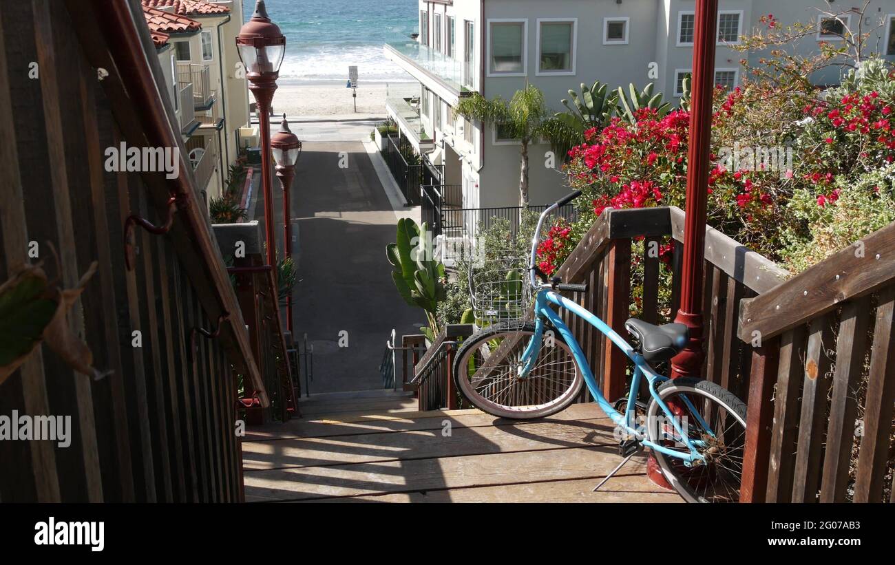 Blue bicycle, cruiser bike by ocean beach, pacific coast, Oceanside ...