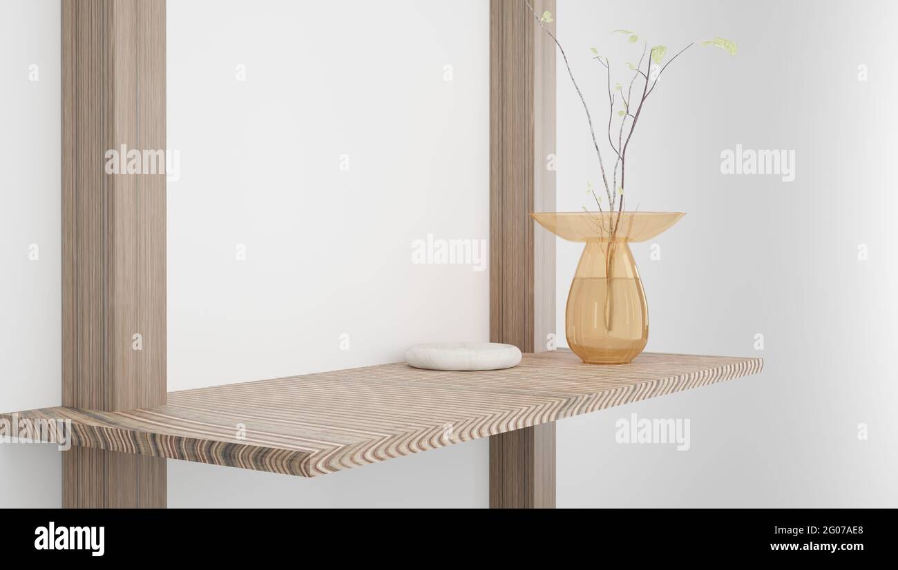 Podium for product display with feng shui japandi style wooden shelf ...