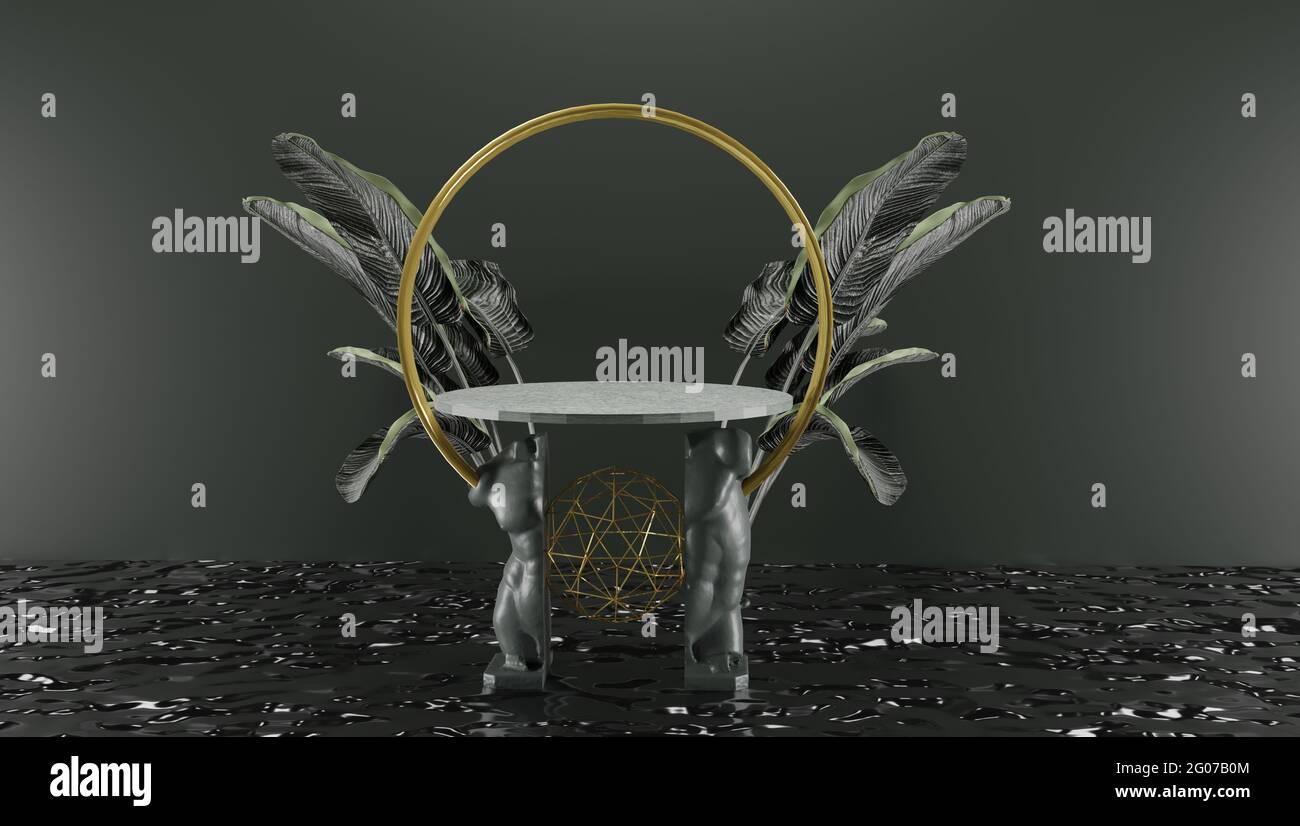 3d rendering. Podium for product display in dark and gold colour ...