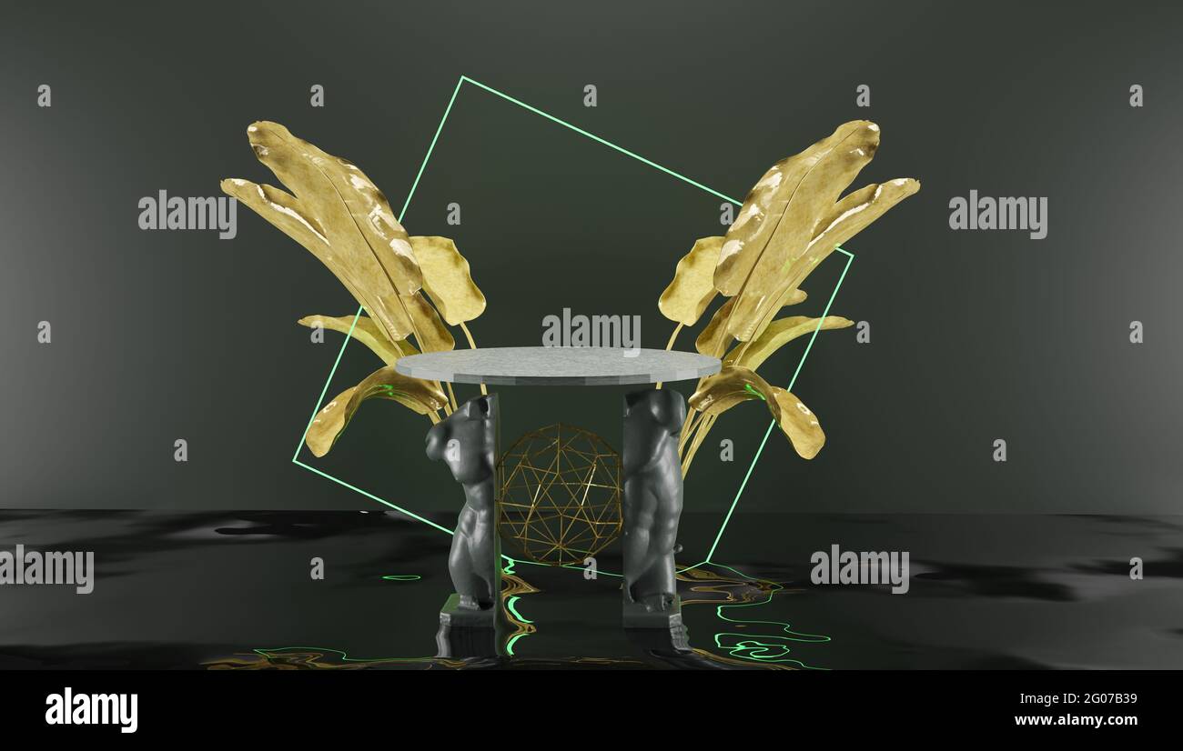 3d rendering. Podium for product display in dark and gold colour ...