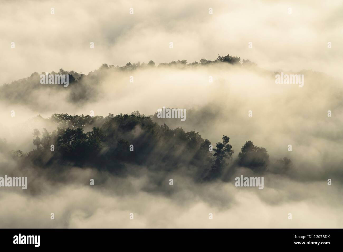 Foggy spring sunrise in Plana de Vic, seen from Sant Bartomeu del Grau ...