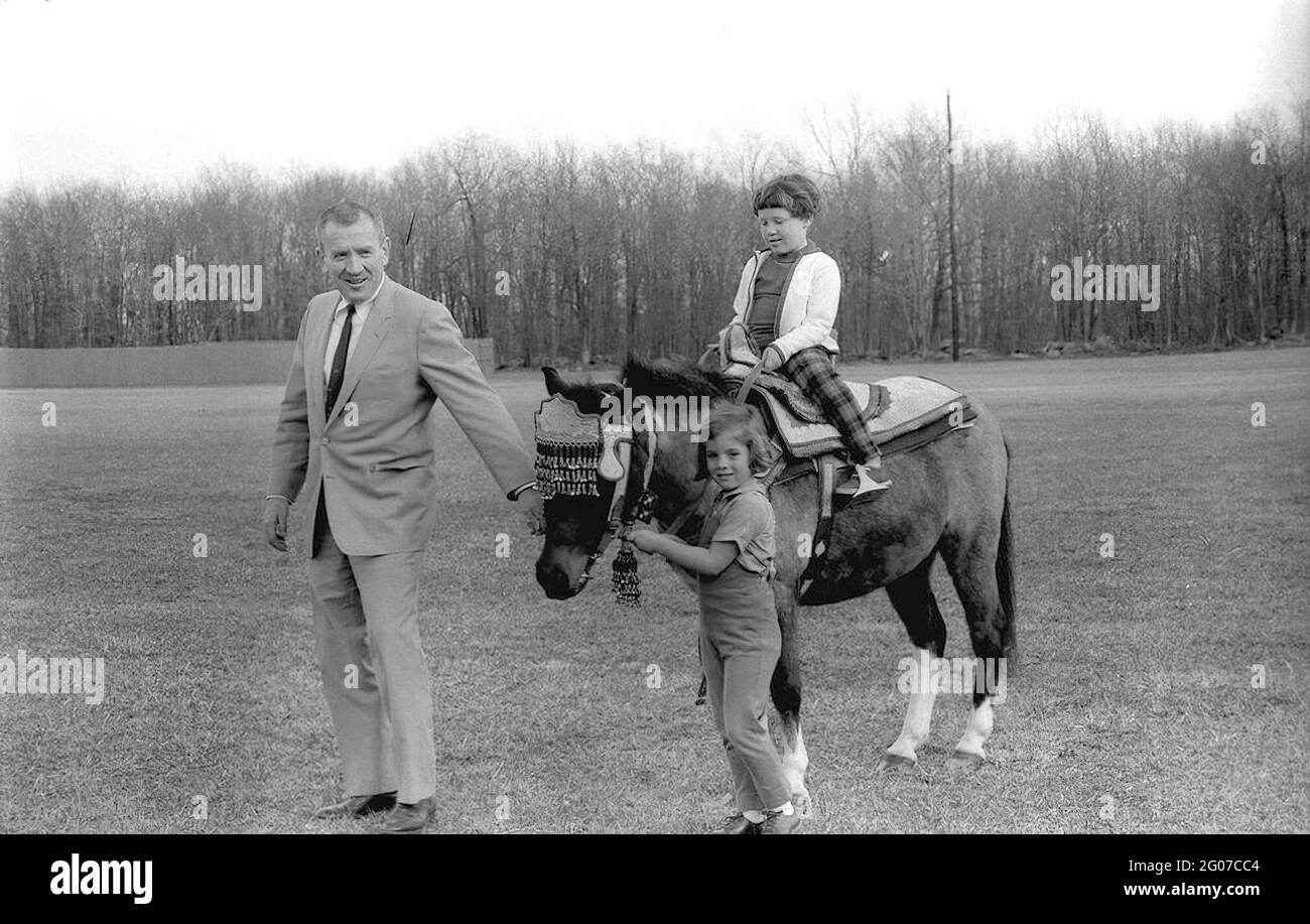 31 March 1963 Sally Fay riding horse "Macaroni" lead by Paul "Red" Fay ...