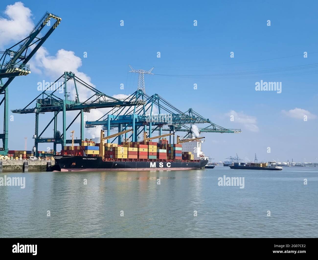 Antwerp, Belgium 31 May 2021 Panoramic view of harbor cranes and ...