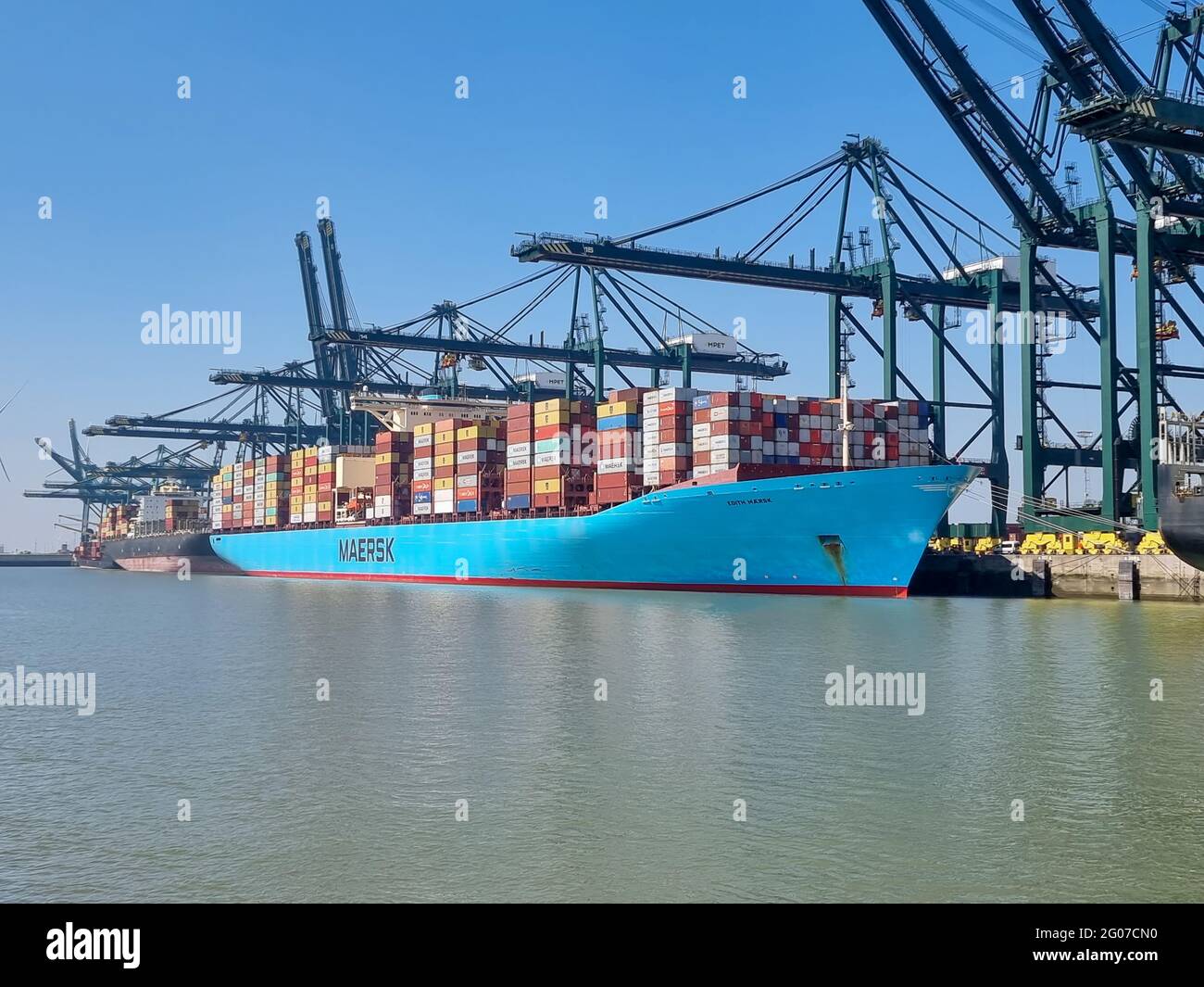 Antwerp, Belgium 31 May 2021 Panoramic view of harbor cranes and ...