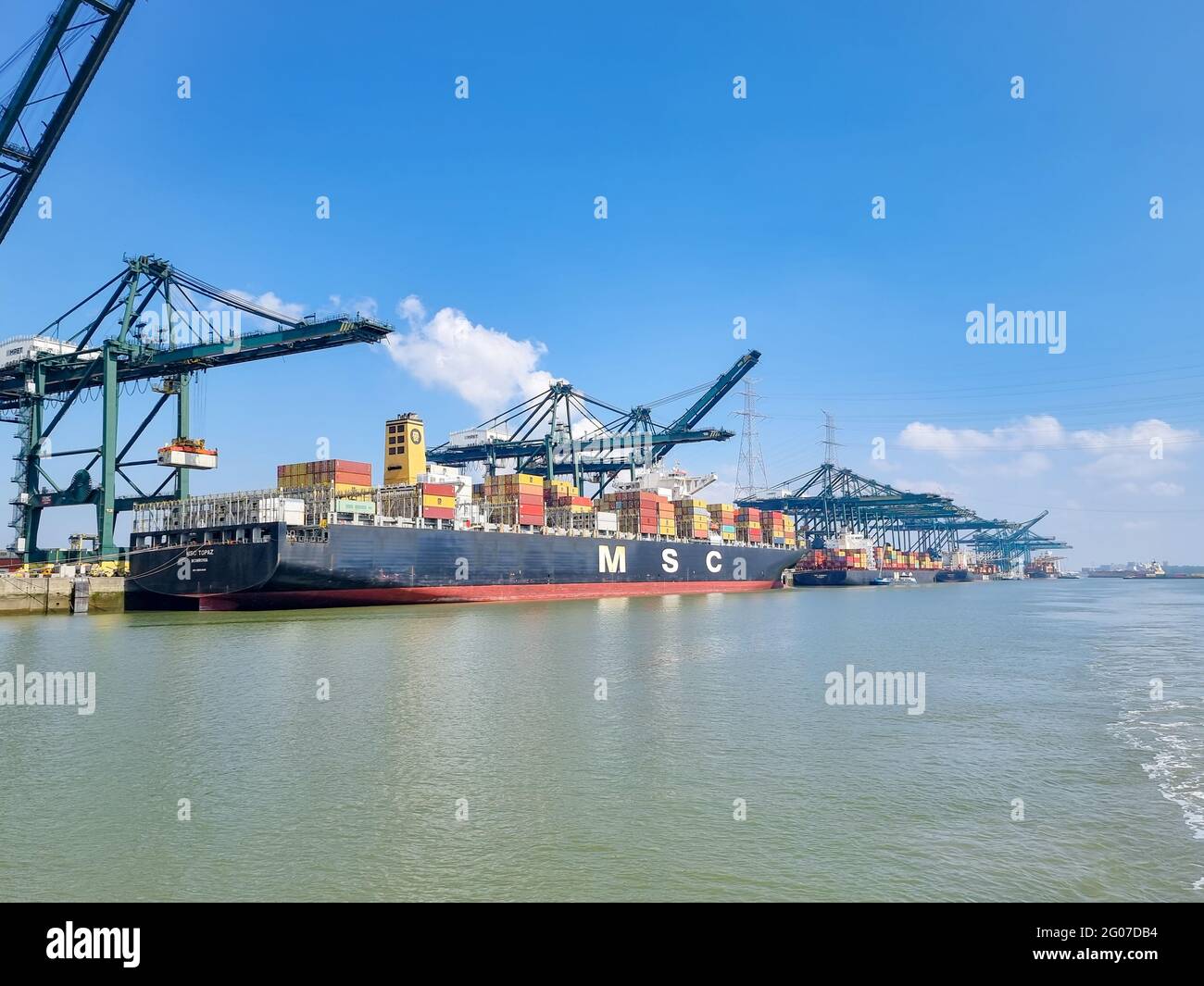 Antwerp, Belgium 31 May 2021 Panoramic view of harbor cranes and ...