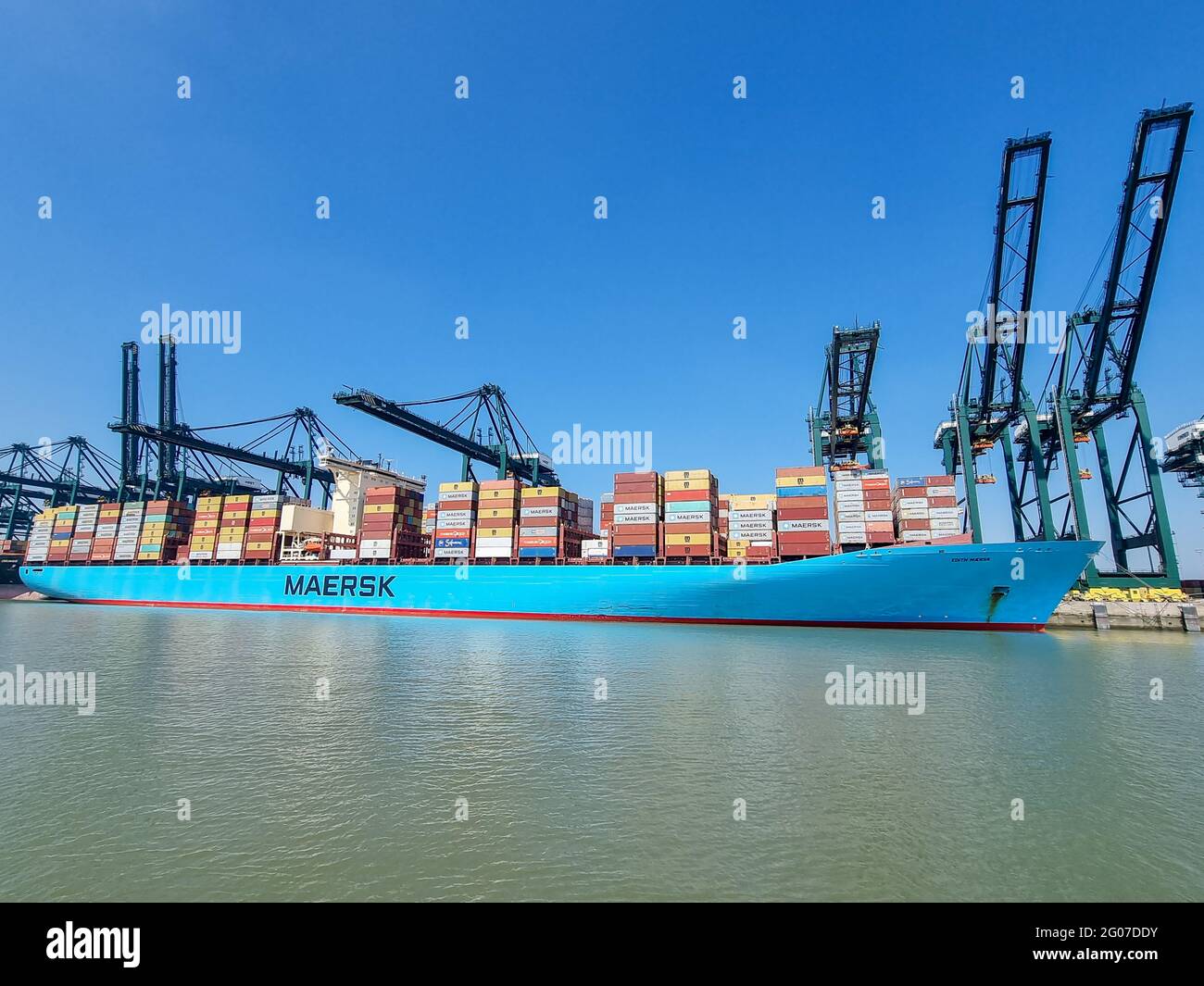 Antwerp, Belgium 31 May 2021 Panoramic view of harbor cranes and ...