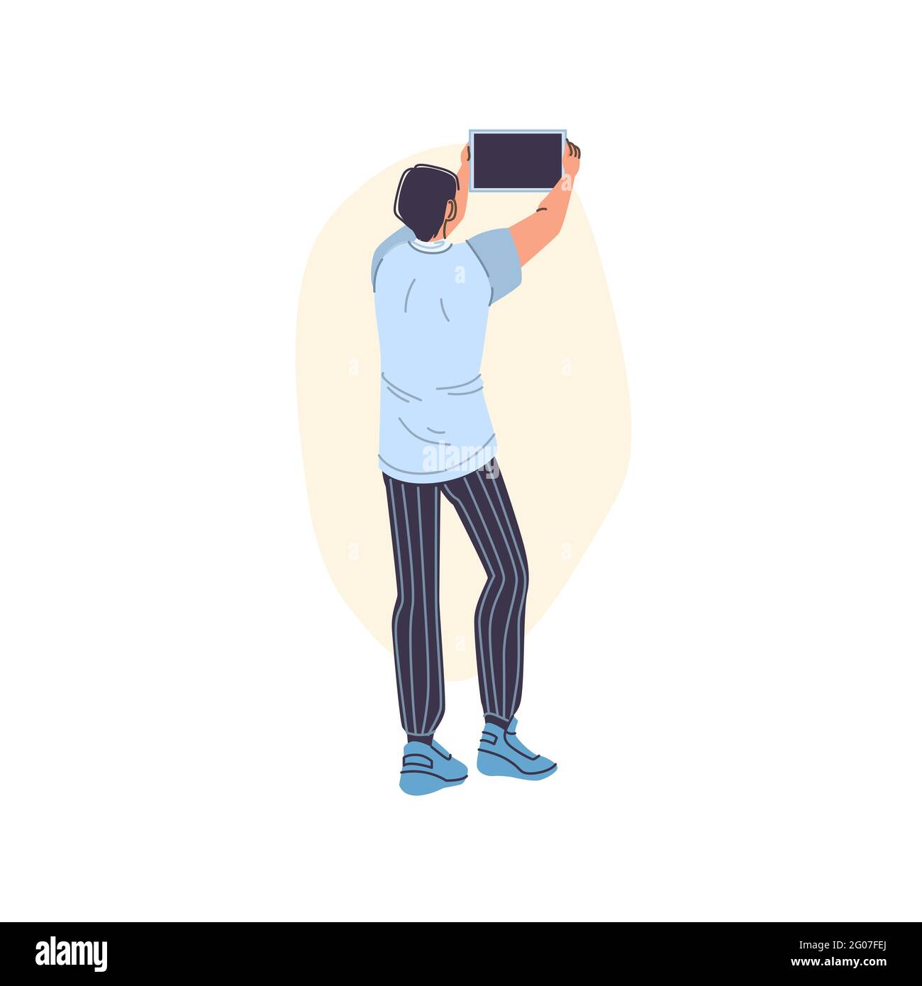 Flat cartoon character with blank screen tablet vector illustration ...