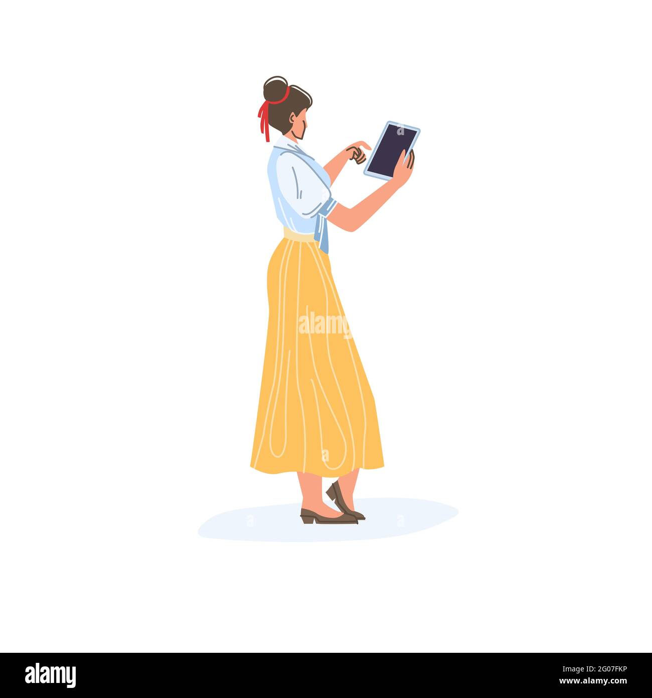 Flat cartoon character with blank screen tablet vector illustration ...