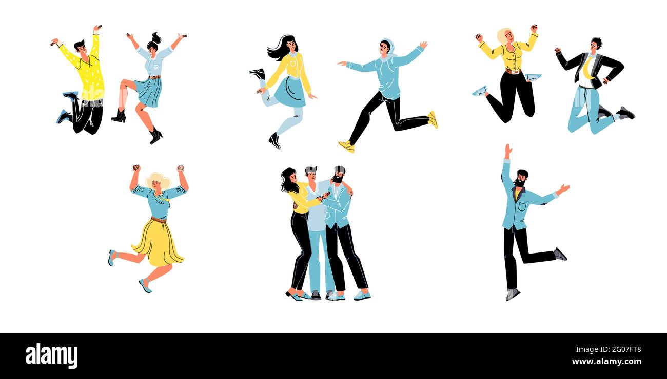 Flat cartoon characters friends rejoice together,vector illustration ...