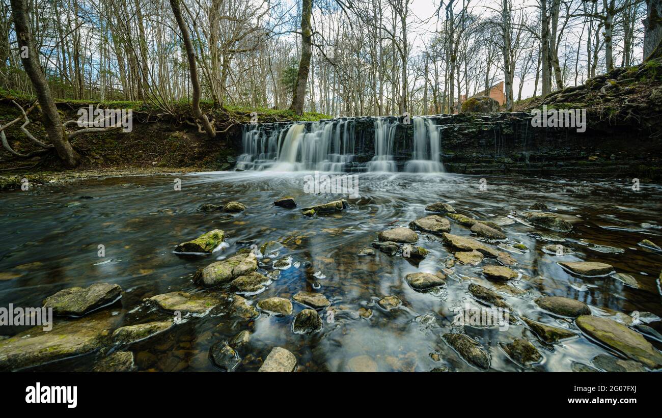 calm forest smal lriver with small waterfall from natural rocks. water ...