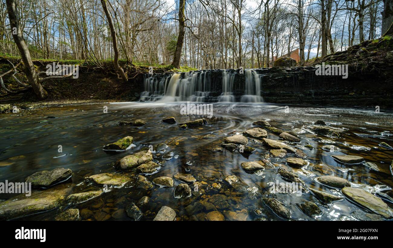 calm forest smal lriver with small waterfall from natural rocks. water ...