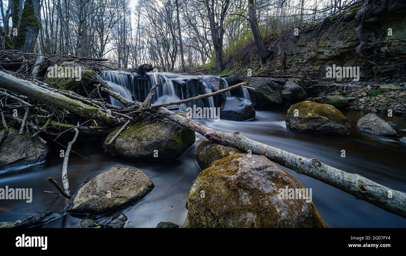 calm forest smal lriver with small waterfall from natural rocks. water ...