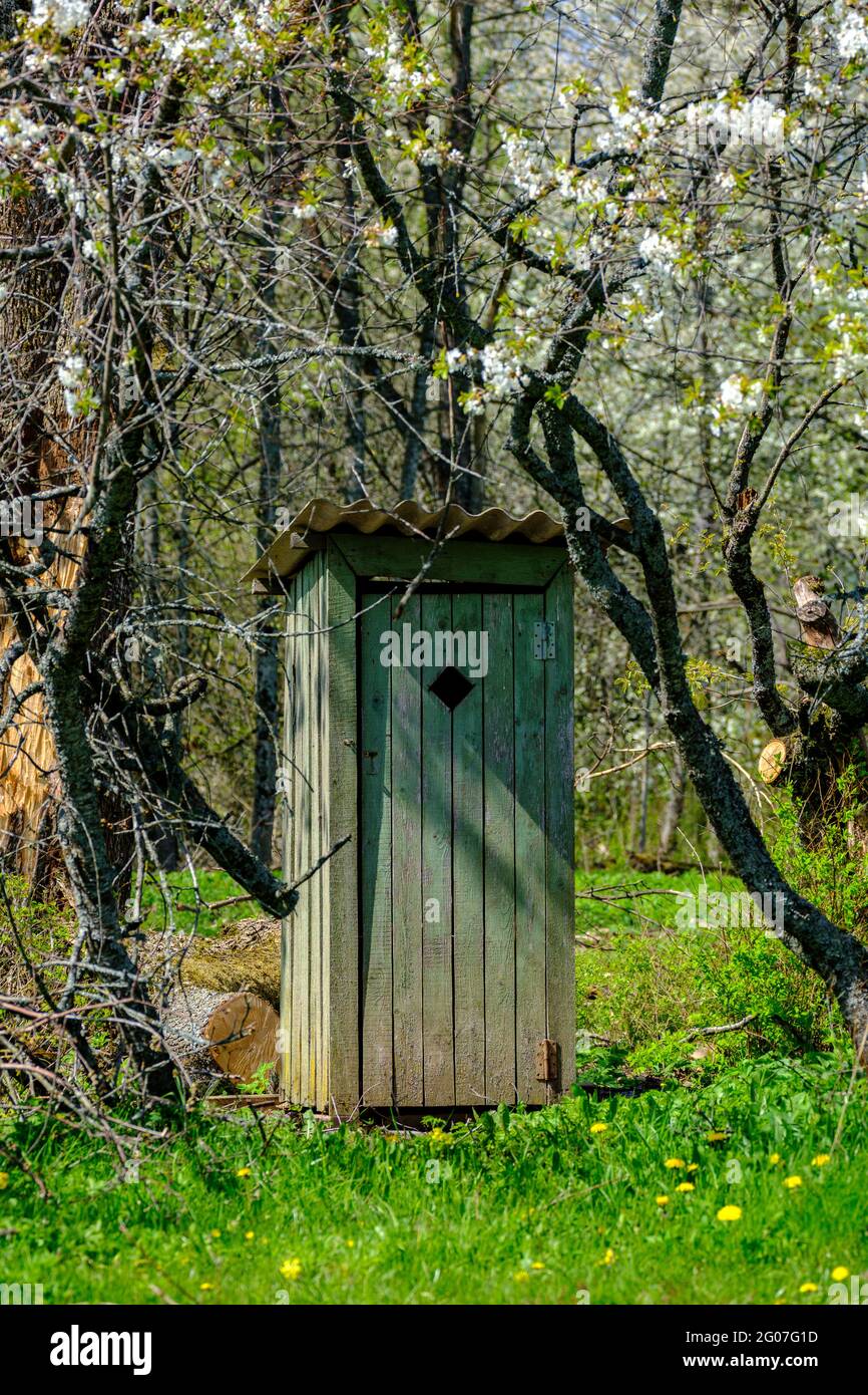 small wooden toilet house in the forest woods. recreation Stock Photo ...
