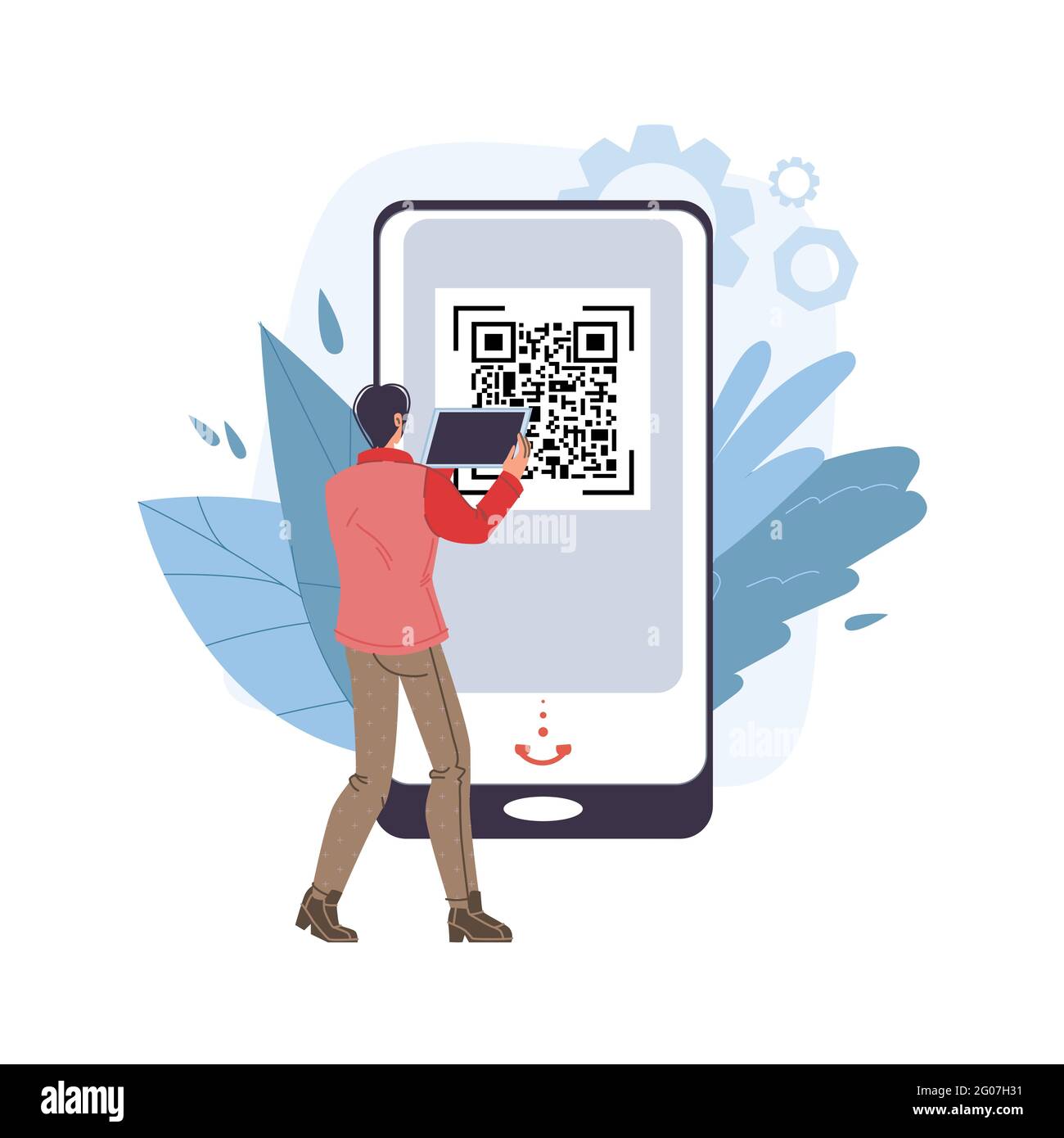 Flat cartoon character with blank screen phone QR scan vector ...