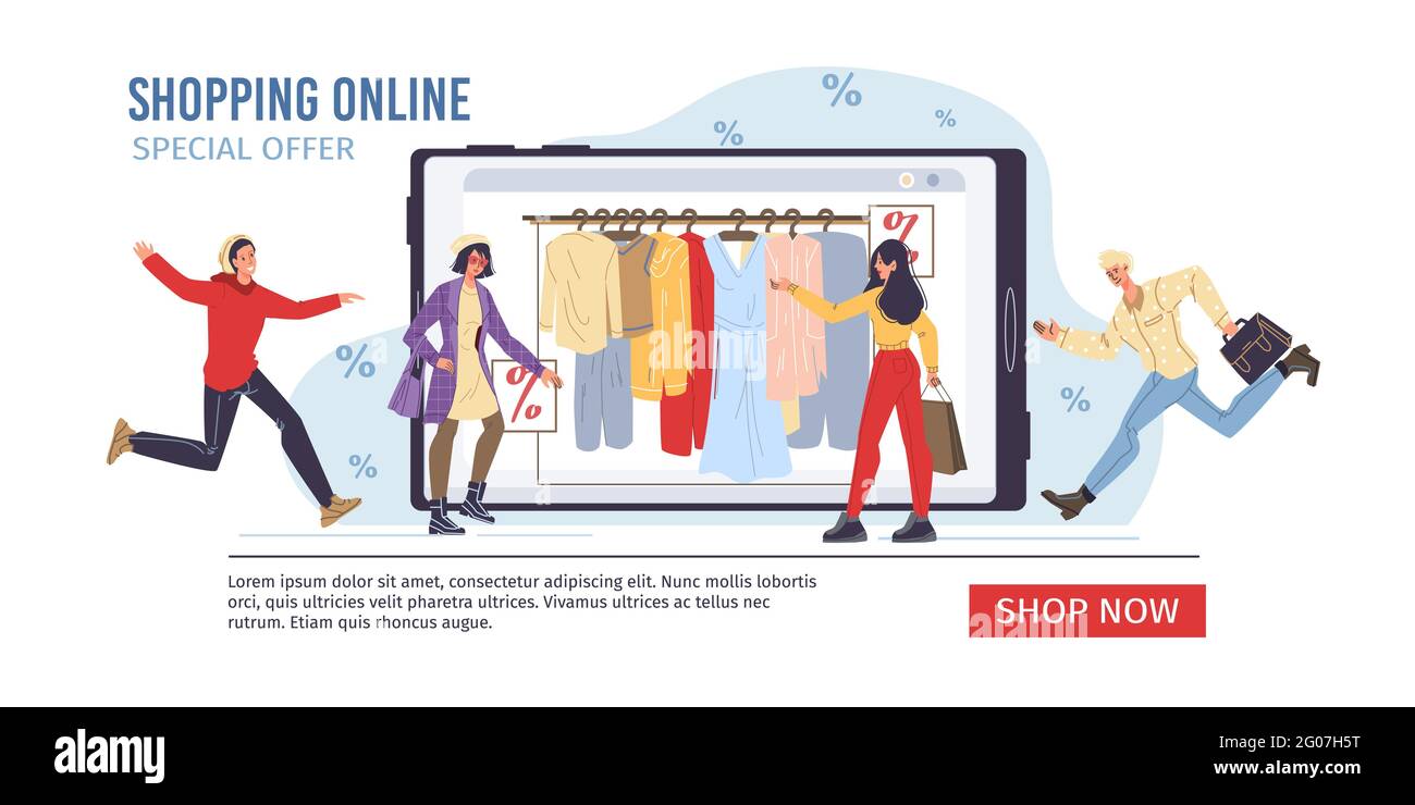 Flat cartoon characters online shopping sales vector illustration ...