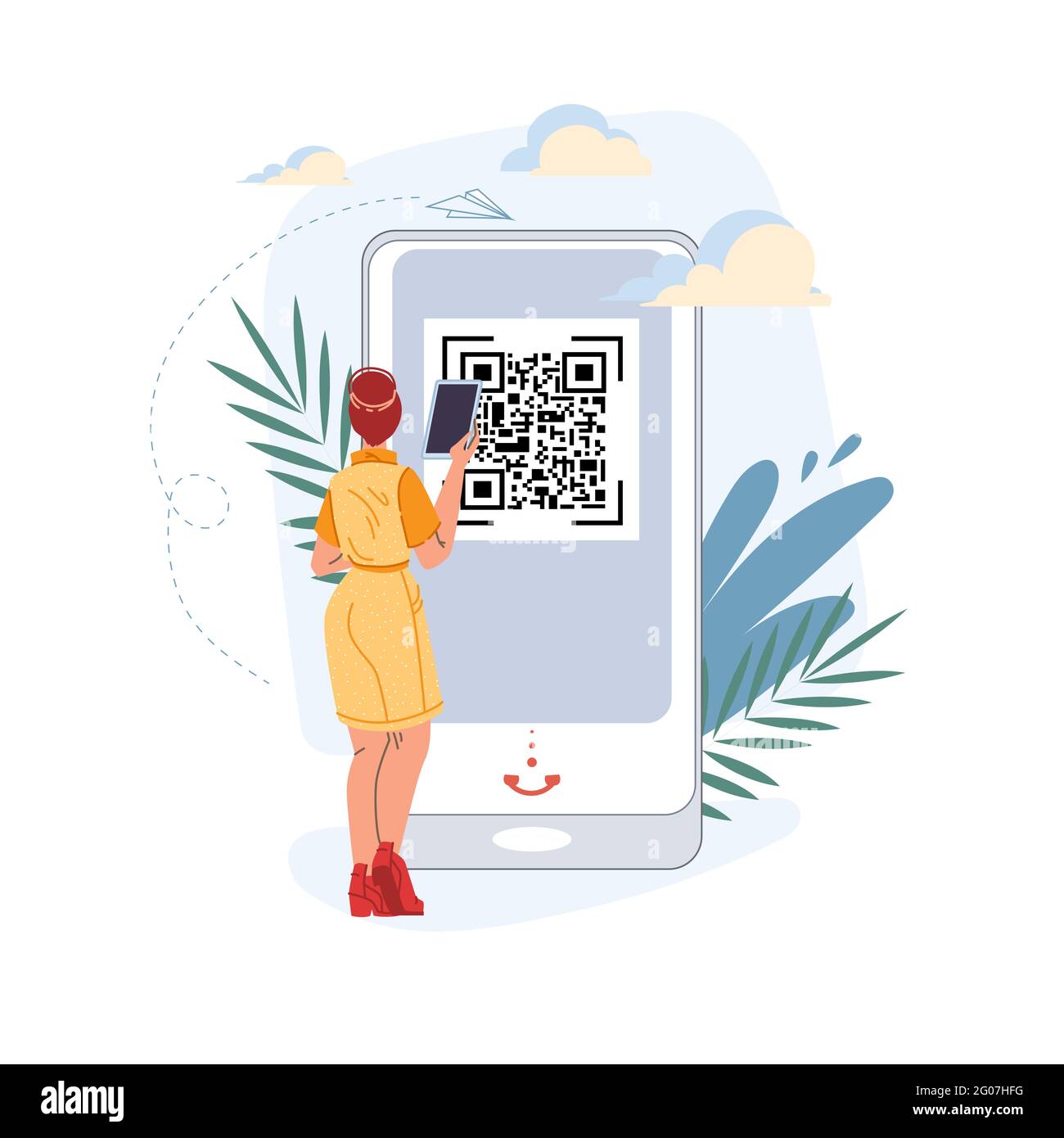 Flat cartoon character with blank screen phone QR scan vector ...