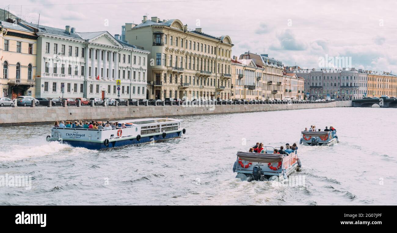 Saint-Petersburg, Russia, 06 August 2020: Pleasure and excursion boats ...