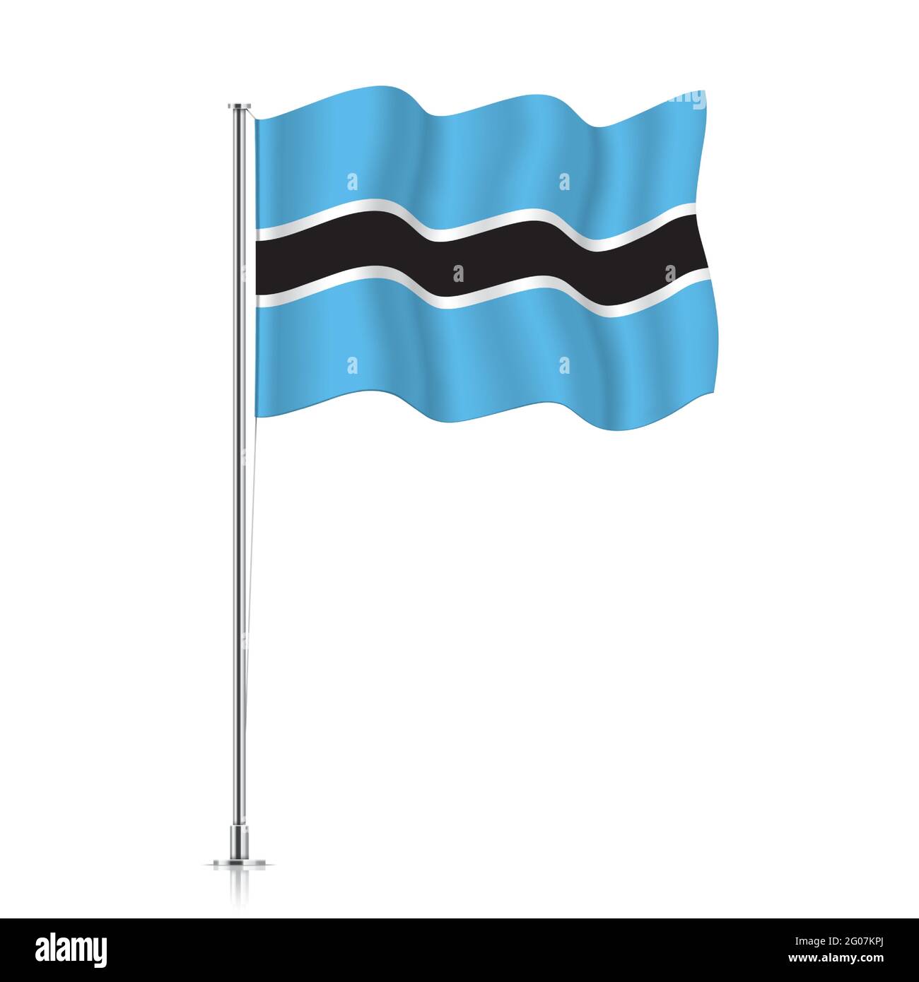 Botswana flag waving on a metallic pole. The official flag of Botswana, isolated on a white ...