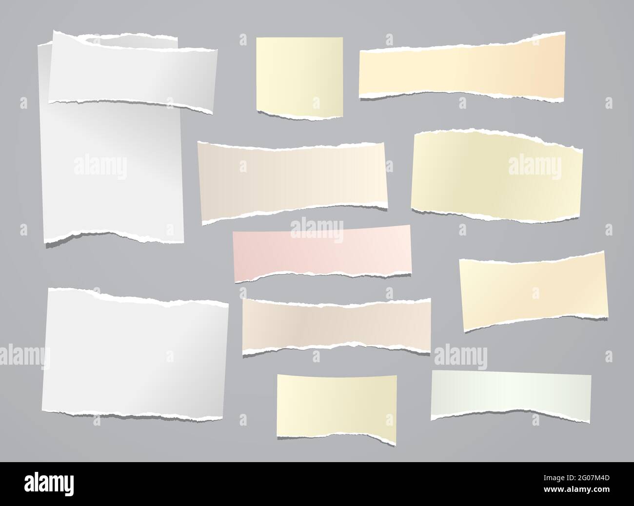 White and yellow torn note, notebook paper stripes are on grey ...