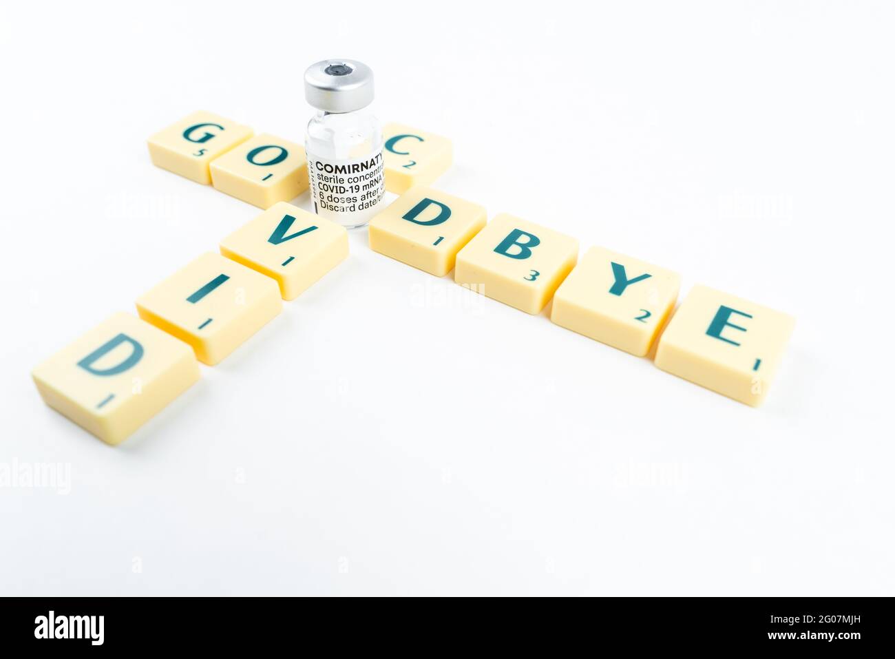 Celadna, Czechia - 30.05.2021: Yellow Scrabble letters saying GOODBYE ...