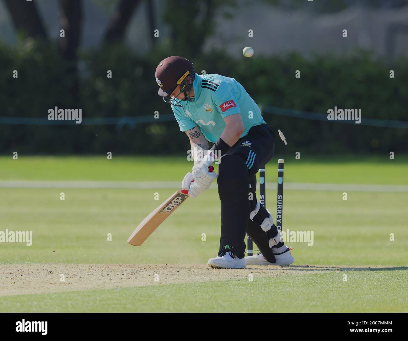 1 June, 2021. London,UK. Surrey’s George Ealham is bowled by Rawlings ...
