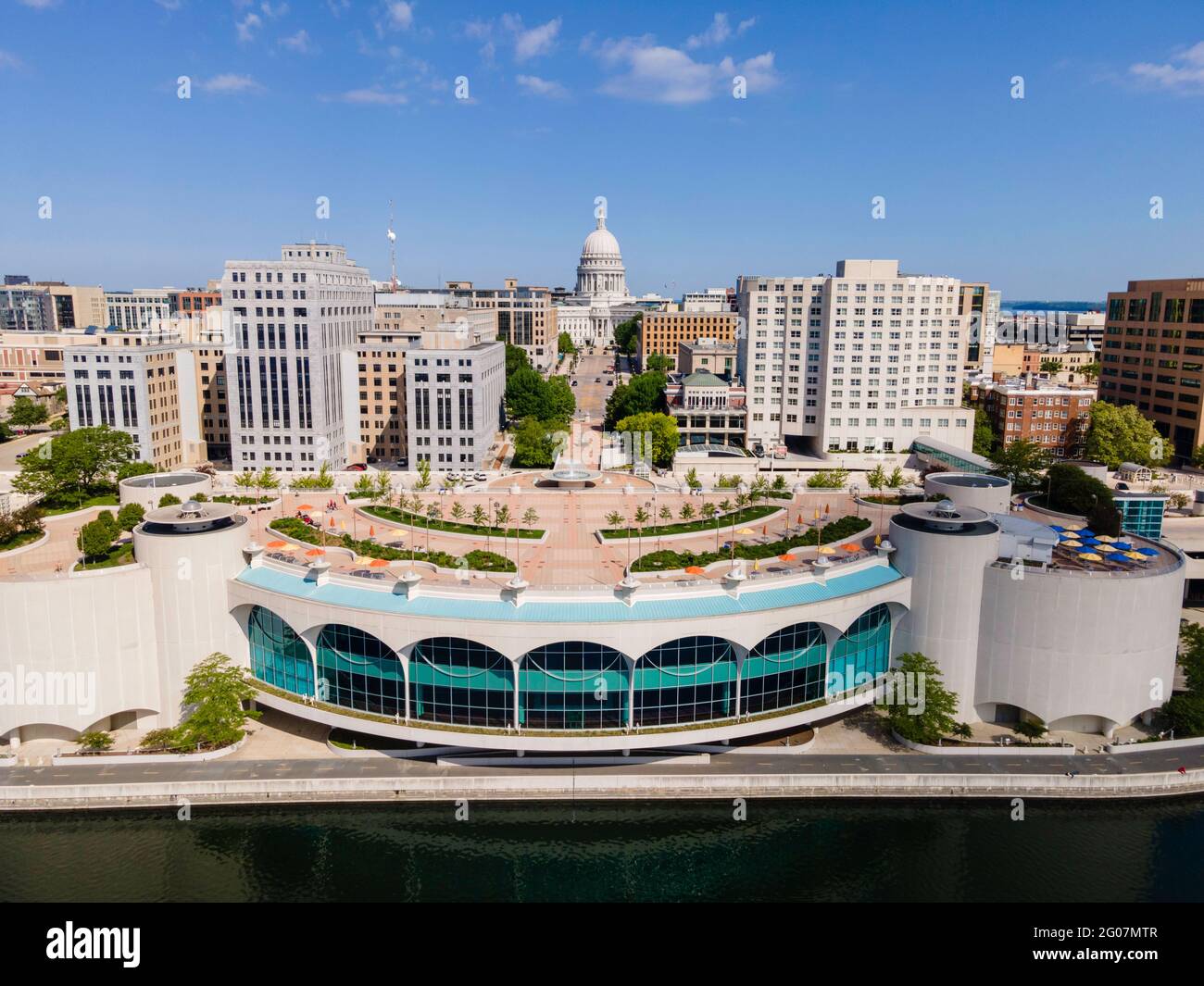 Aerial photograph of Madison, Wisconsin, USA. Monona Terrace Convention ...