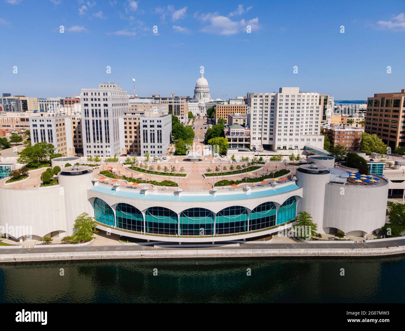 Aerial photograph of Madison, Wisconsin, USA. Monona Terrace Convention ...
