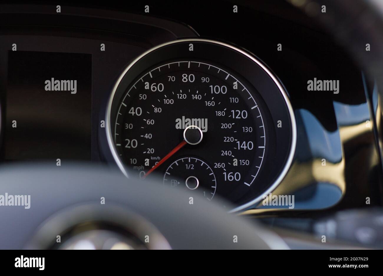 Modern car speedometer. Close up shot of the dashboard a car Stock ...