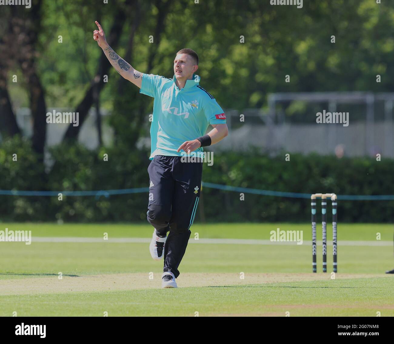 1 June, 2021. London,UK. Surrey’s Conor McKerr celebrates after getting ...