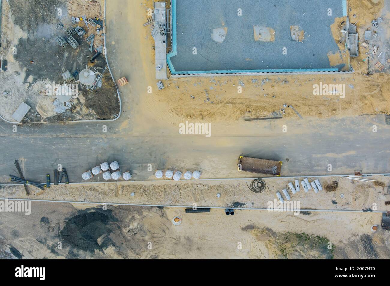 Aerial top view construction building material in the under ...