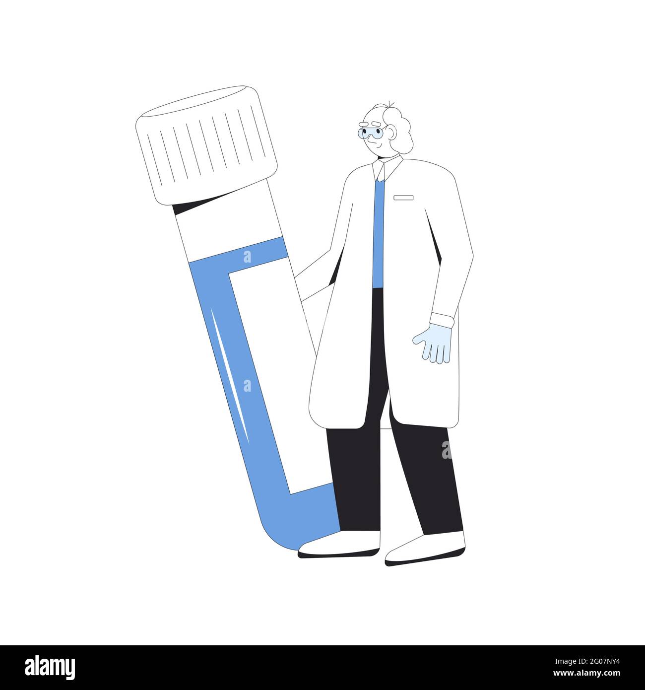 Mature scientist. Male character standing with his flask isolated on a ...