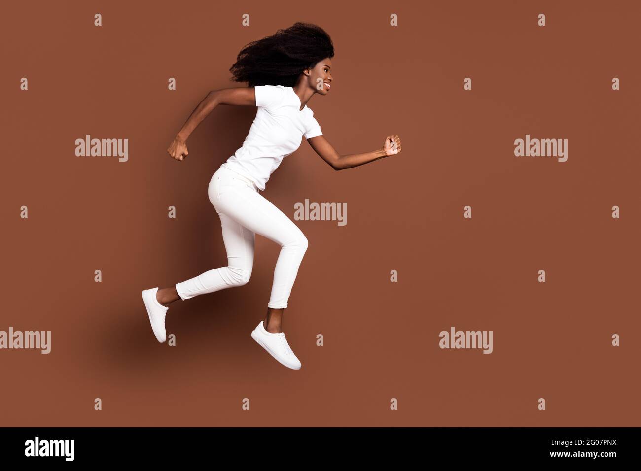 Full length body size side profile photo of cool funky model jumping up ...