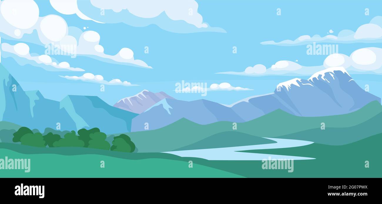 Mountain landscape with forest and water stream. Vector cartoon ...
