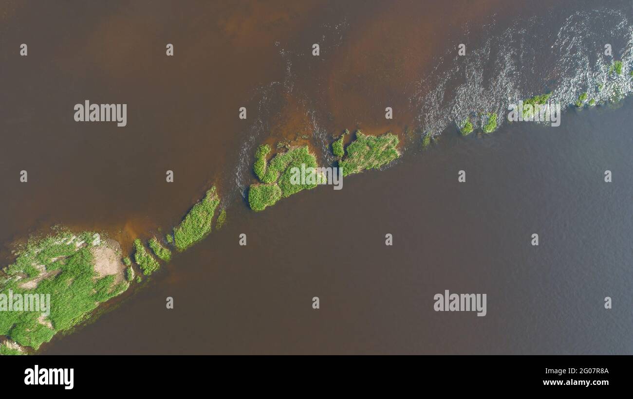 Aerial view of grassy islands in the river, summer travel concept Stock ...