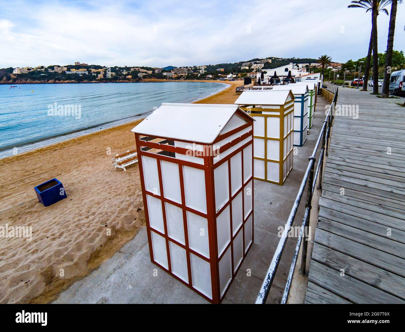 Beach changing huts on Sant Pol beach in S'Agaro on the Costa Brava ...