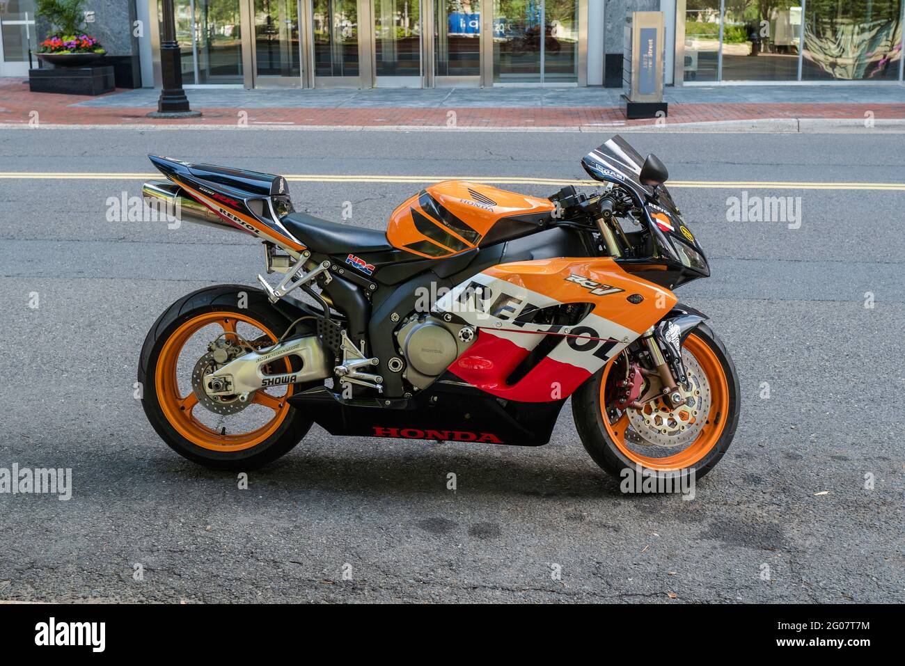 Reston, VA, USA -- June 1, 2021. Photo of a Repsol Honda motorcycle on ...