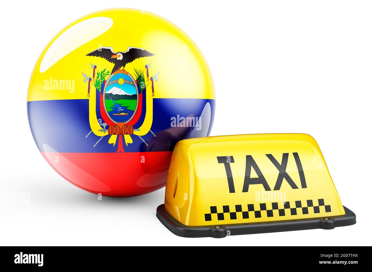 Taxi service in Ecuador concept. Yellow taxi car signboard with ...