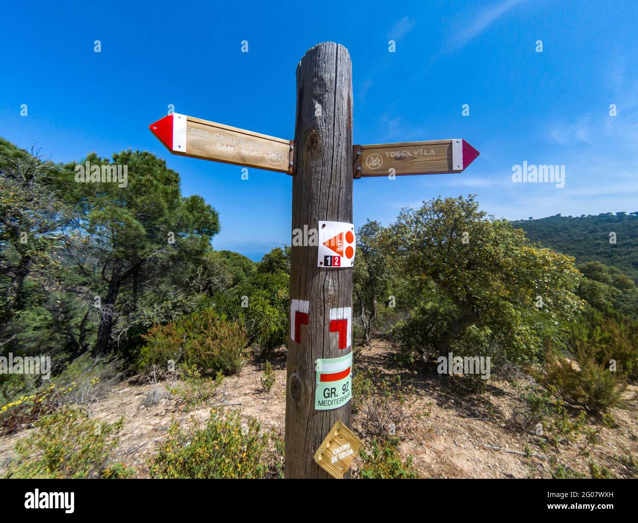 Route direction sign on the Spanish Costa Brava coastal path, also ...